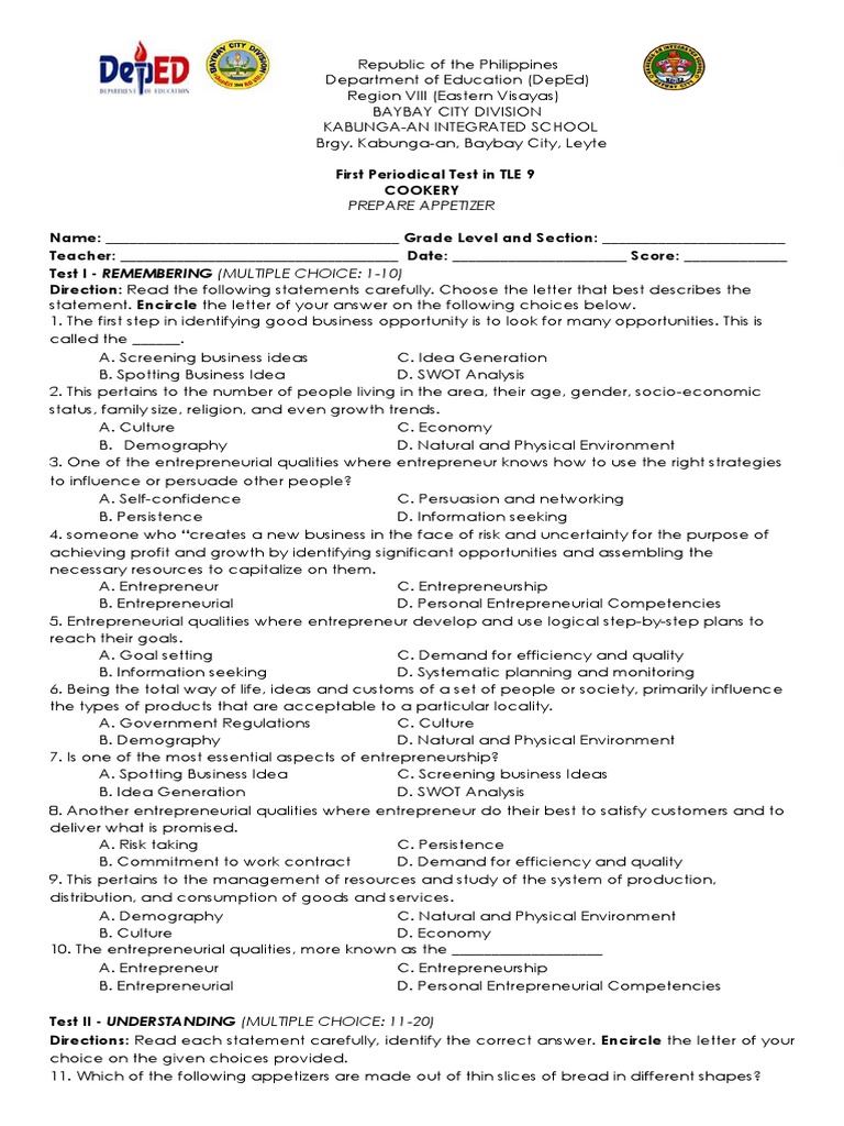 1st Quarter TQ in Cookery 9 | Kitchen Utensil | Entrepreneurship