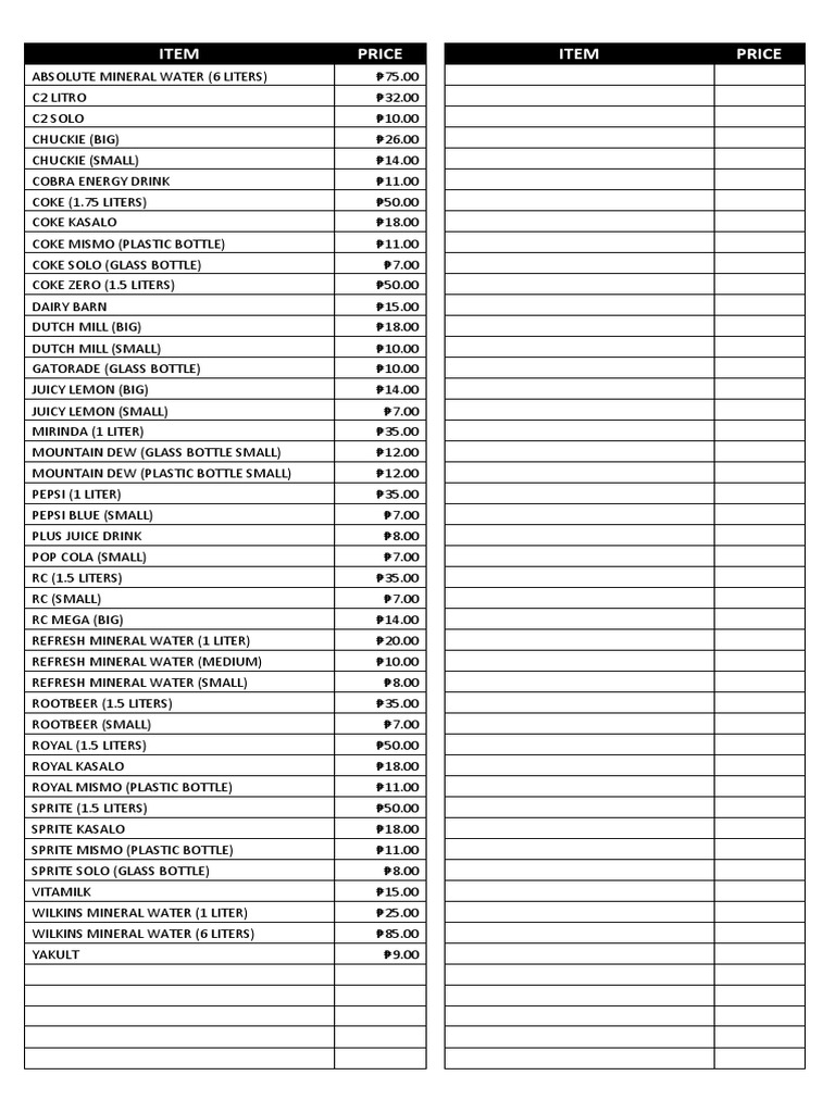 Drinks Price List | PDF | Coca Cola | Bottle