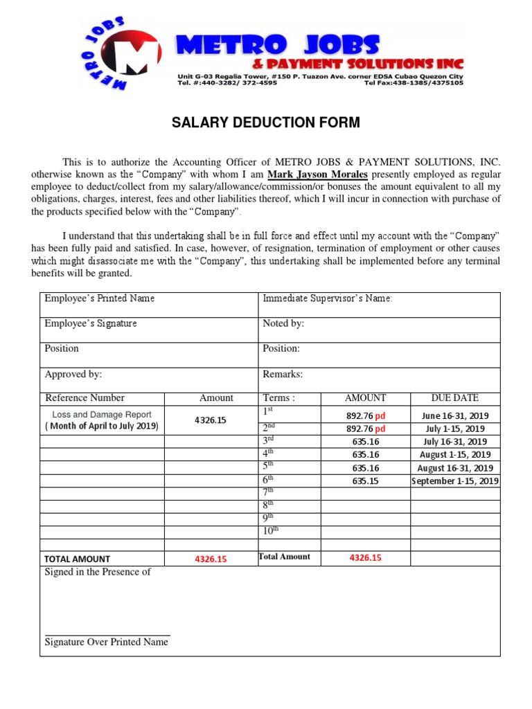 Salary Deduction Form: Loss and Damage Report | PDF