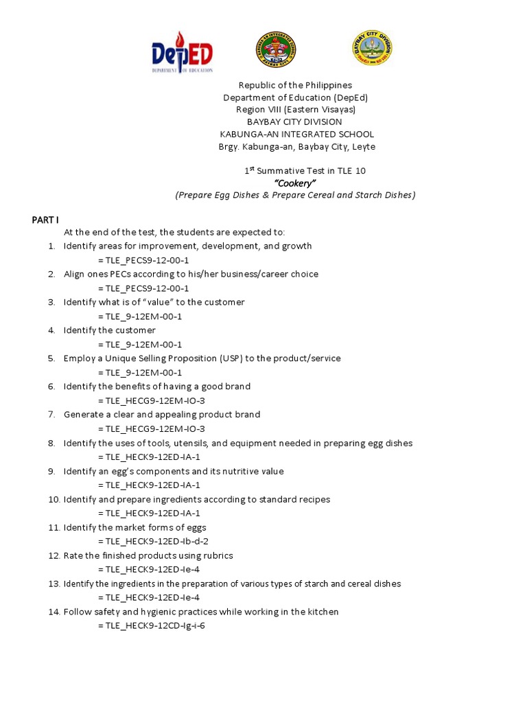 TOS First Quarter in COOKERY 10 | PDF | Egg As Food | Cooking