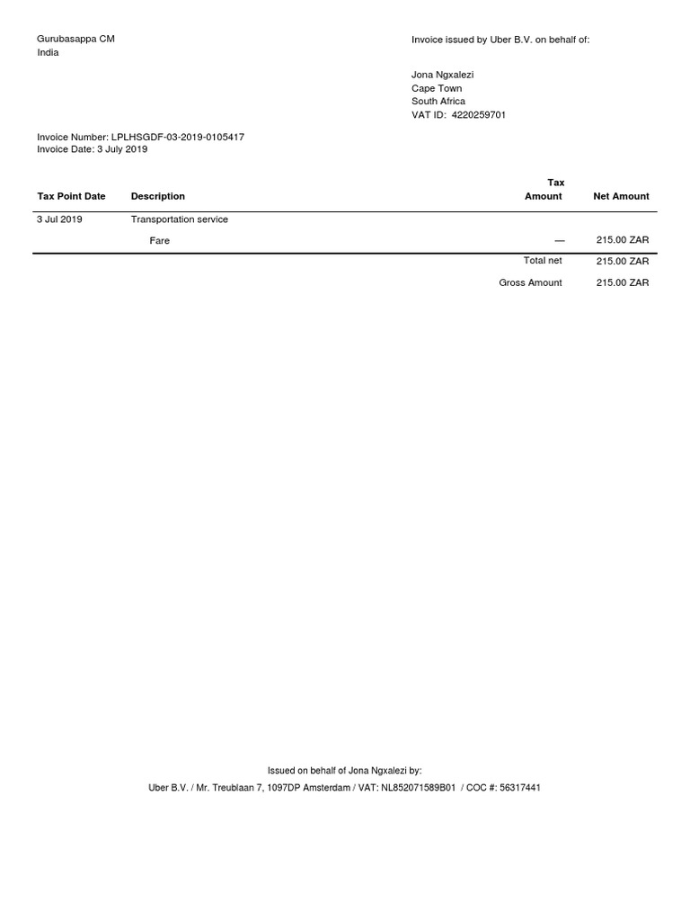 Uber Invoice for Jona Ngxalezi | PDF