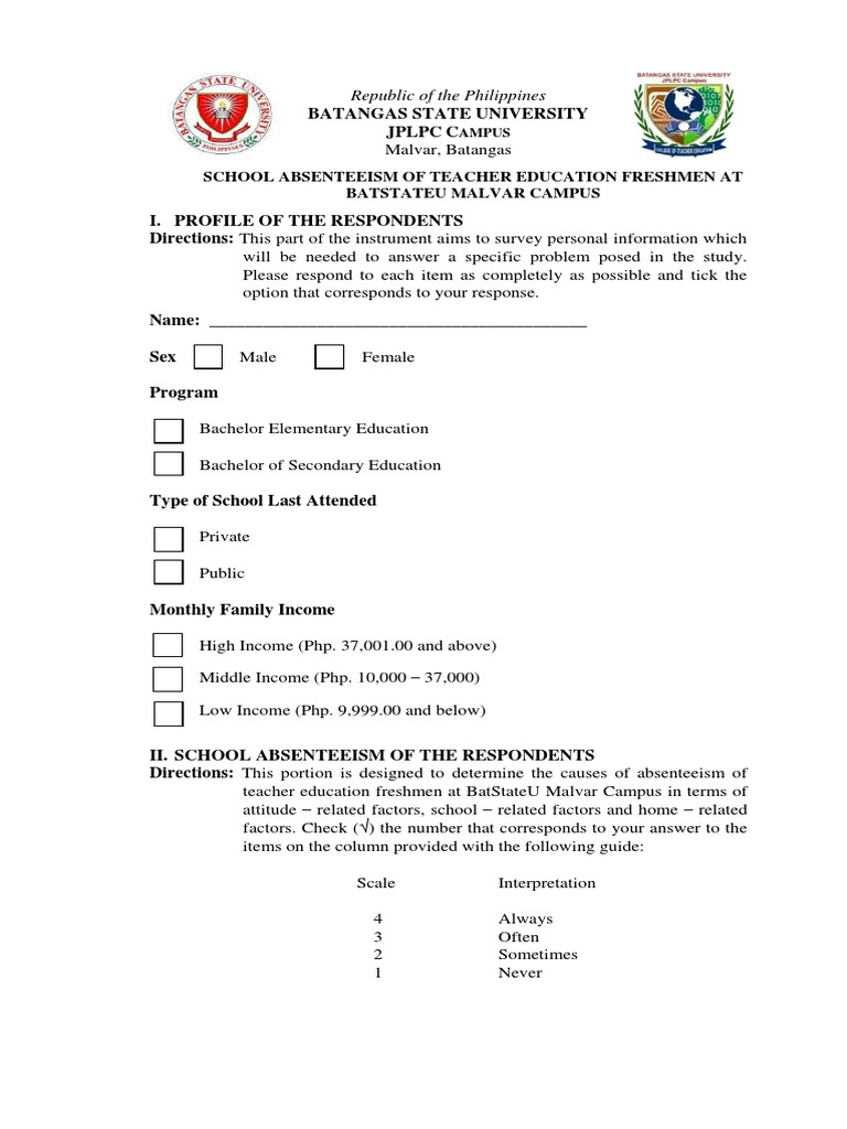 Questionaire School Absenteeism | PDF | Classroom | Psychology
