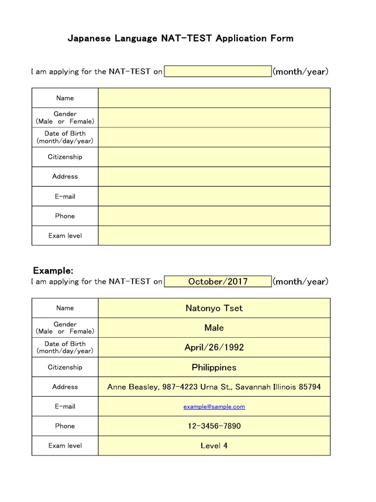 PHP - NAT-TEST - Application Form Sample - Excel2003 - English | PDF