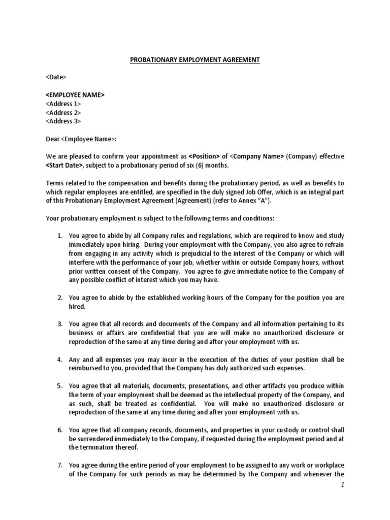 Sample Probationary Employment Agreement | Download Free PDF ...