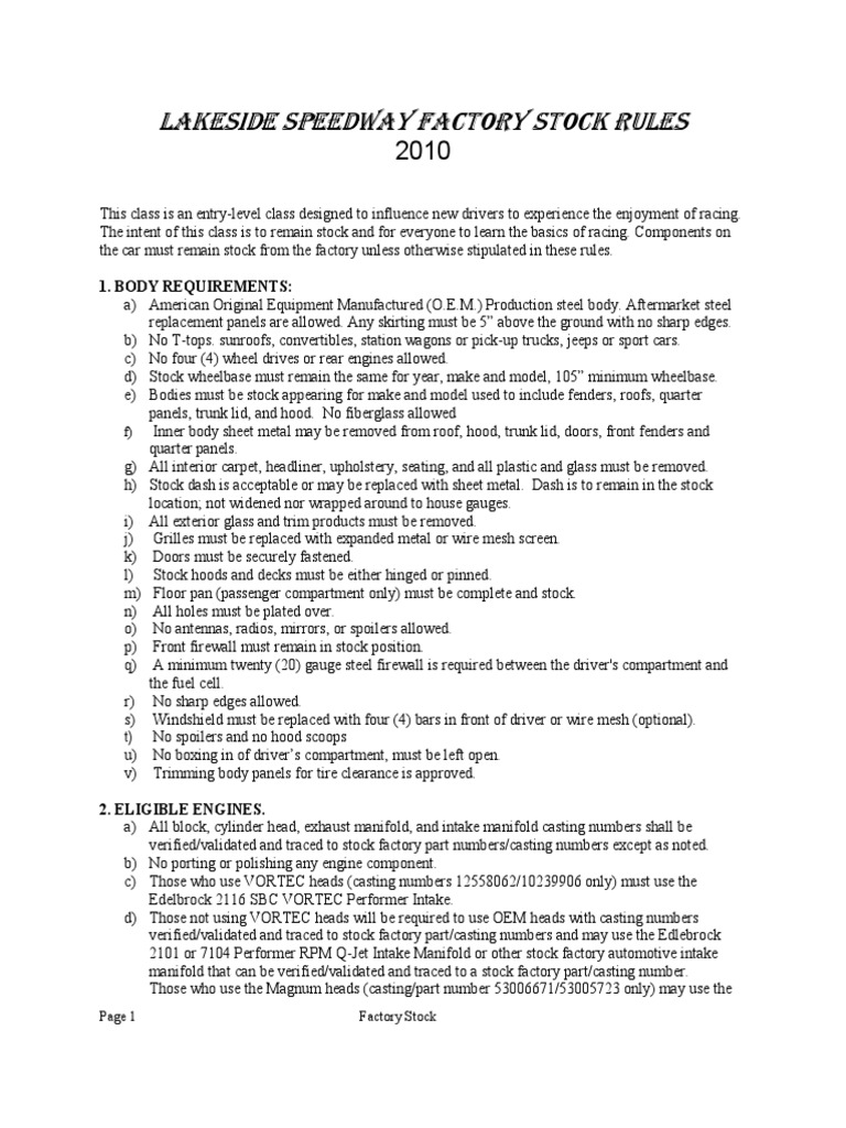 Lakeside Speedway Factory Stock Rules: 1. Body Requirements | PDF ...