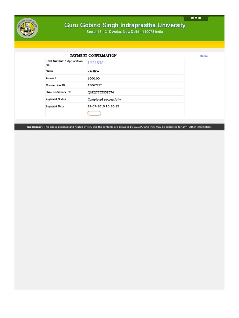 Guru Gobind Singh Indraprastha University: Payment Confirmation | PDF
