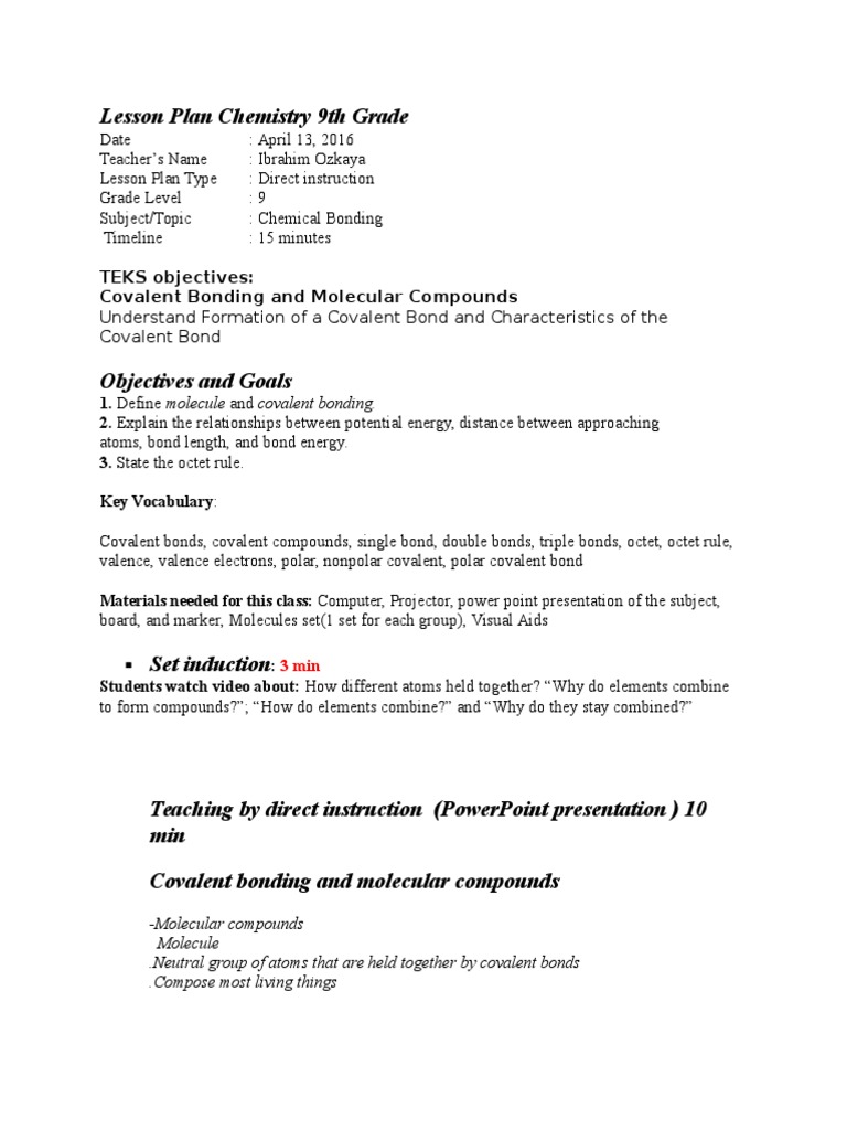 1 Sample Lesson Plan PDF | PDF | Covalent Bond | Chemical Compounds
