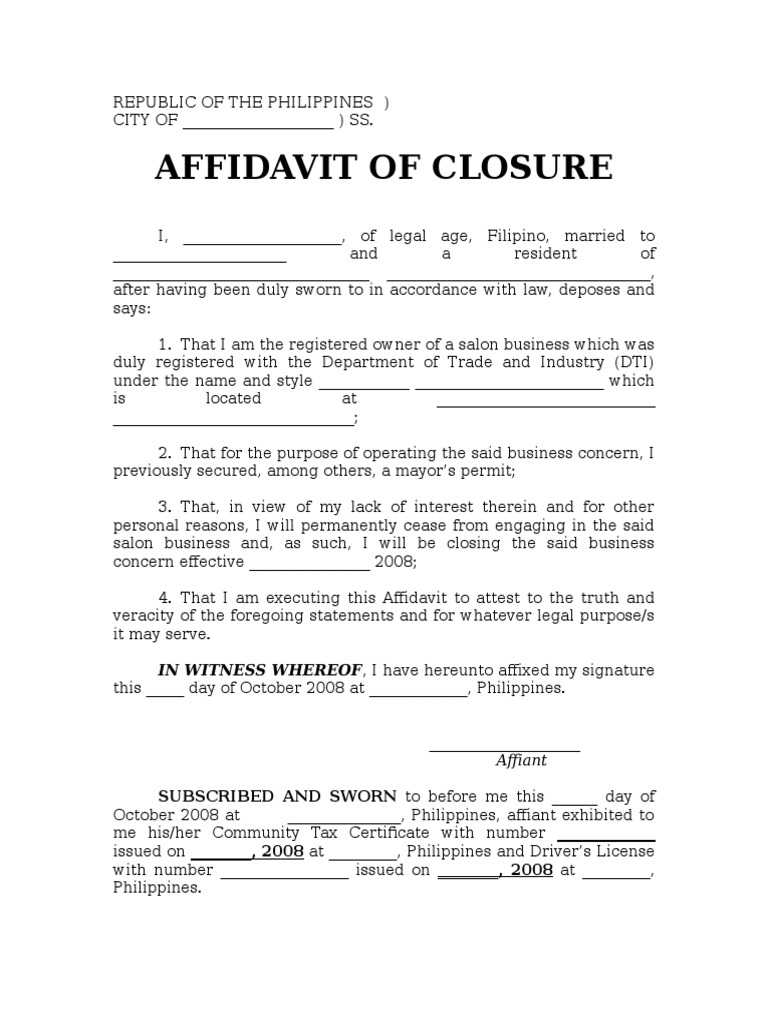 Affidavit of Business Closure Sample | PDF | Affidavit | Legal Documents