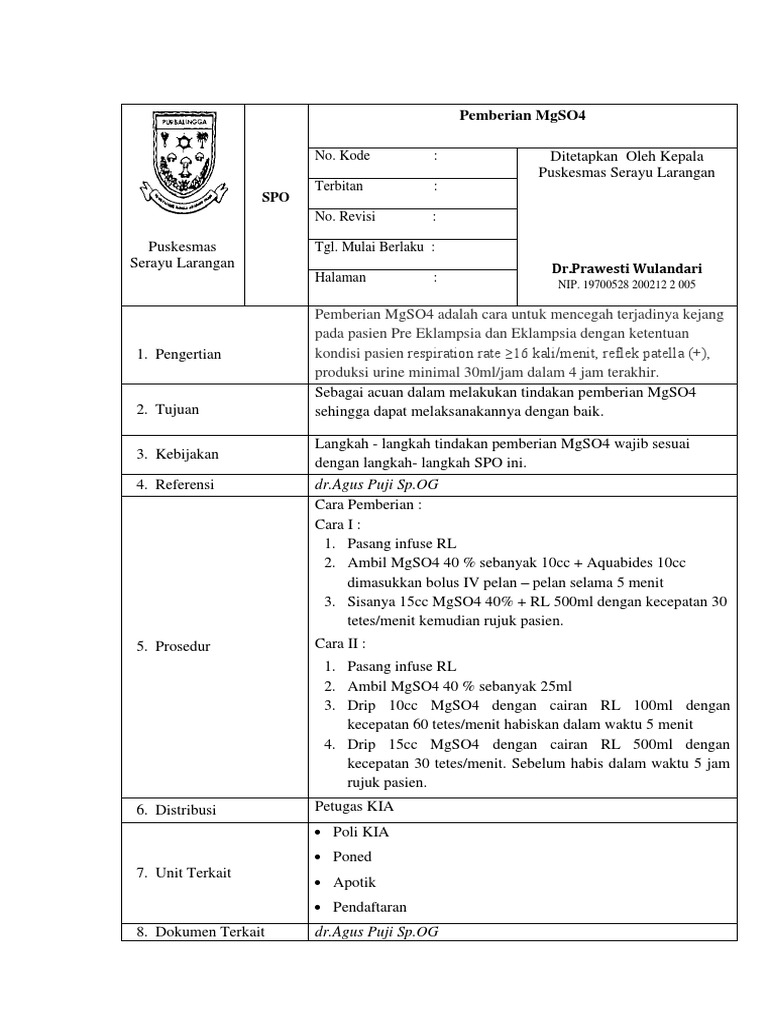 SOP Pemberian MgSO4 | PDF