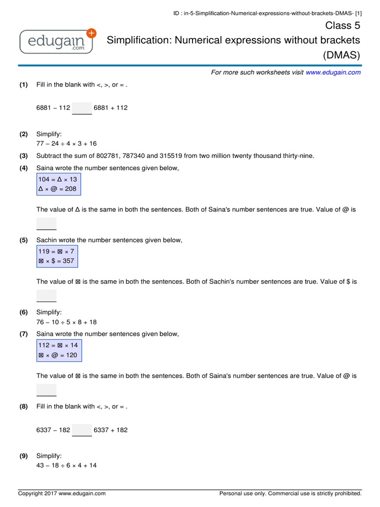 Class 5 Simplification: Numerical Expressions Without Brackets (DMAS ...