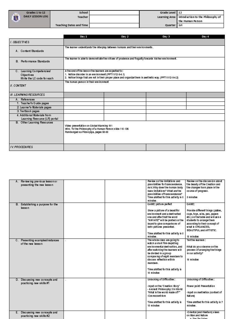 Week I - The Human Person in Their Environment | PDF | Nature | Learning