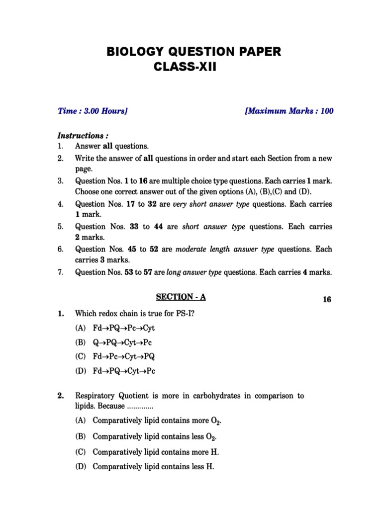 Biology Question Paper Class-Xii: Time: 3.00 Hours) (Maximum Marks: 100 ...