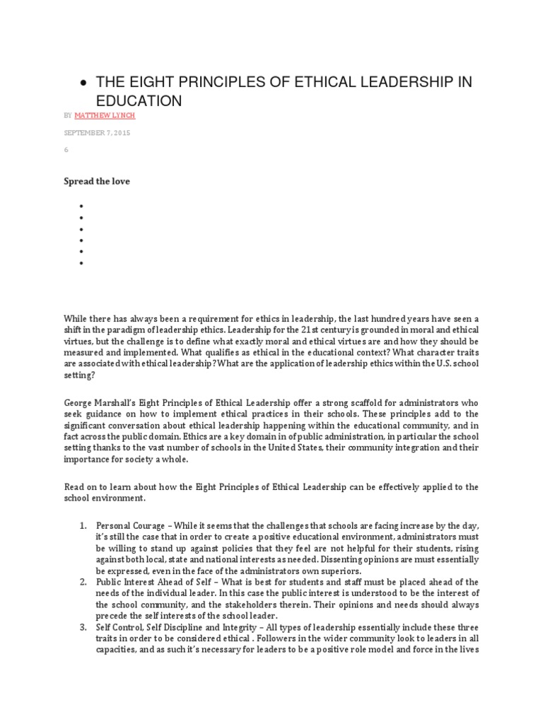 The Eight Principles of Ethical Leadership in Education: A Framework ...