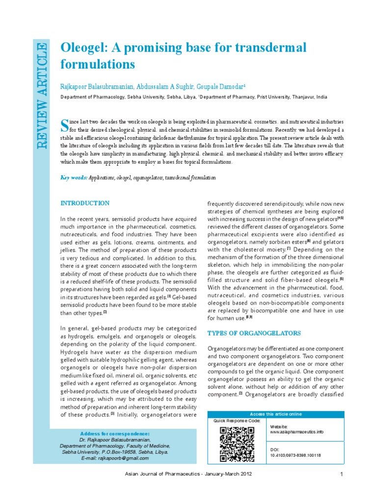 Oleogel - A Promising Base For Transdermal Formulations | PDF | Gel ...