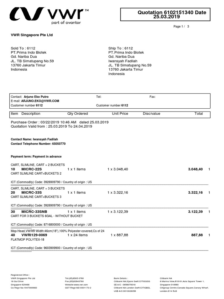 Quotation 6102151340 Date 25.03.2019: VWR Singapore Pte LTD | PDF ...