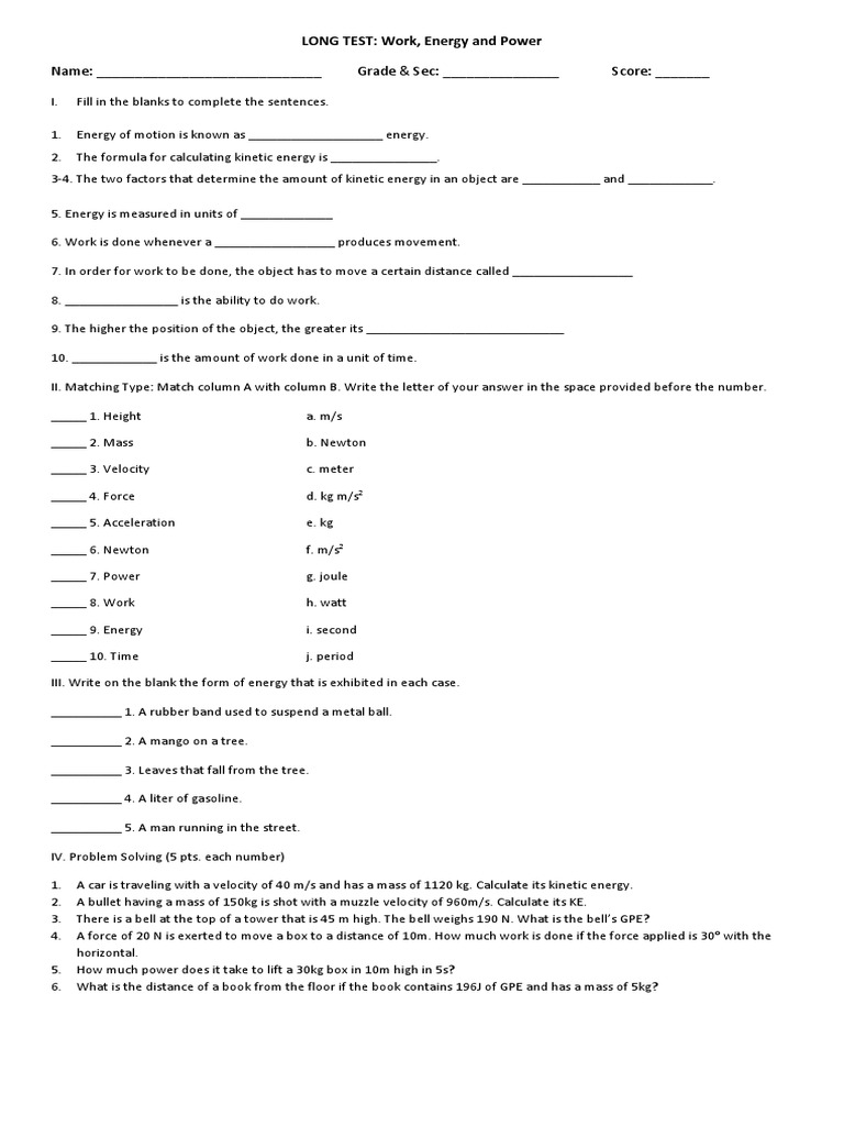 Work, Energy, and Power Quiz | PDF | Force | Mass