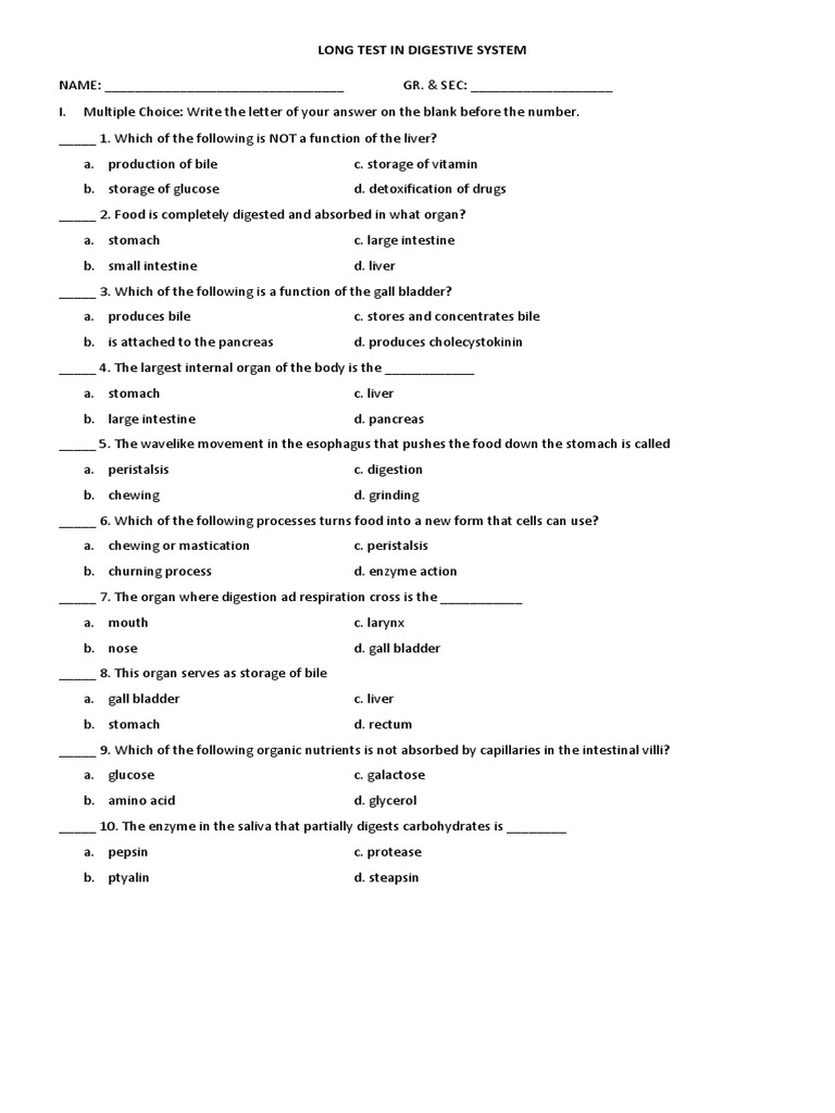 Long Test in Digestive System | PDF | Human Digestive System | Digestion