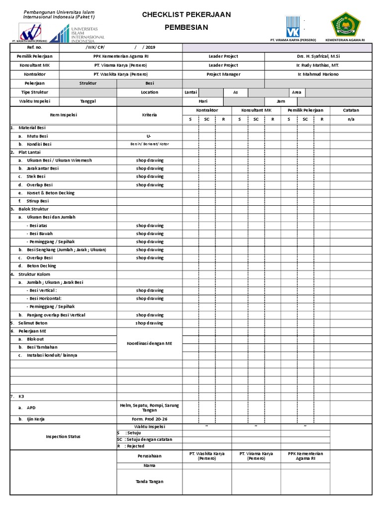 Rencana Form Checklist Besi, Bekisting, Cor UIII | PDF