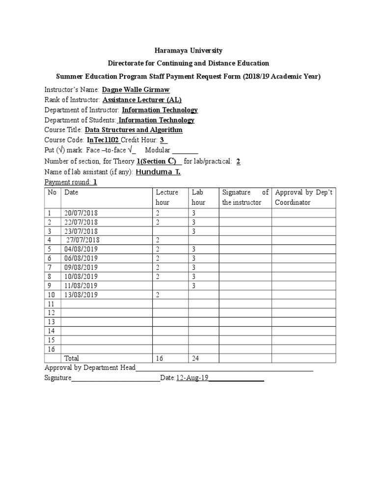 Request for Payment of Summer Course Teaching Services for Data Structures and Algorithms at ...