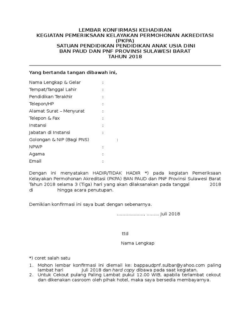 Contoh LEMBAR KONFIRMASI KEHADIRAN | PDF | Pengelolaan Keuangan & Uang