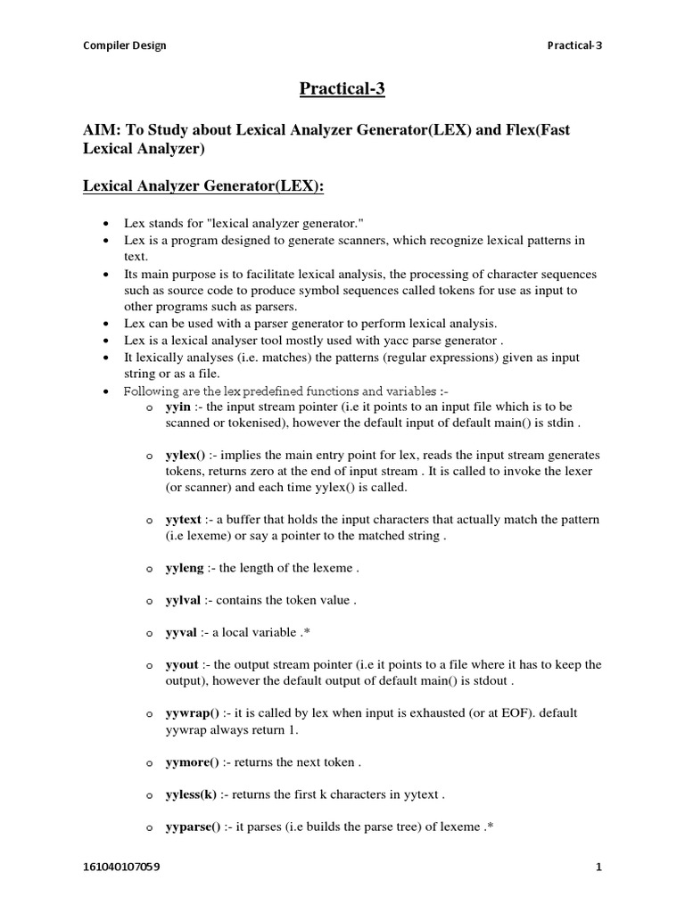 AIM: To Study About Lexical Analyzer Generator (LEX) and Flex (Fast Lexical Analyzer) Lexical ...