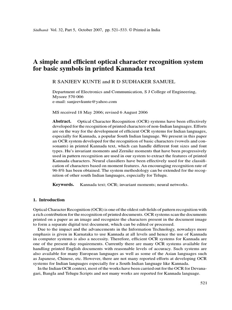 A Simple and Efficient Optical Character Recognition System For Basic Symbols in Printed Kannada ...