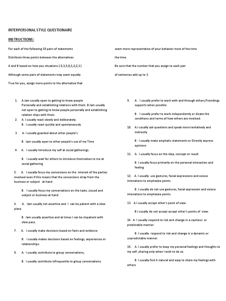 Interpersonal Style Questionaire Instructions | PDF | Artificial ...