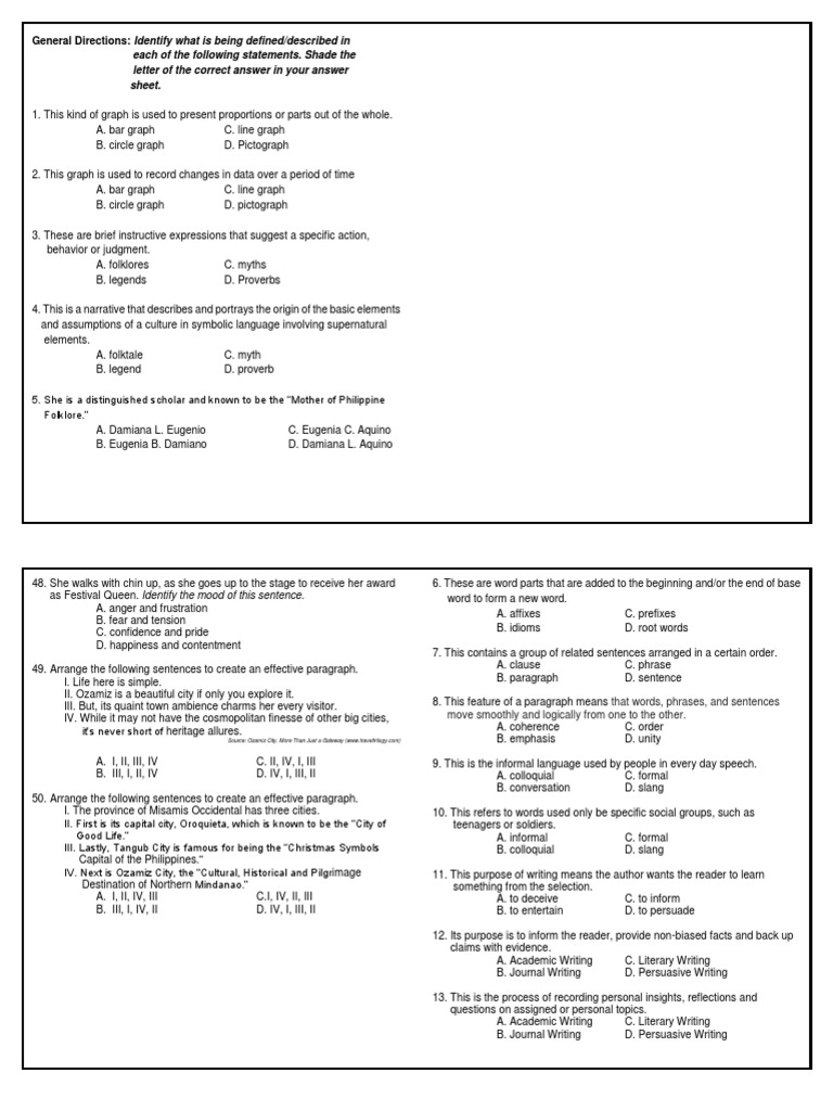 Each of The Following Statements. Shade The Letter of The Correct ...