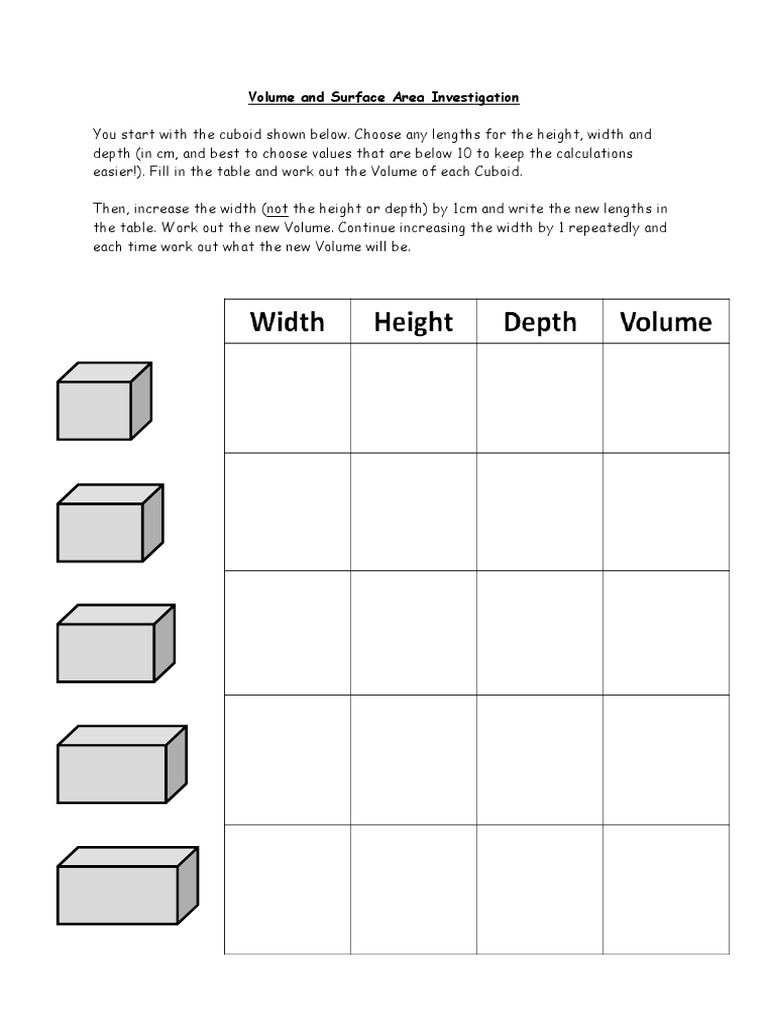 11) Volume and Surface Area Investigation | PDF | Height | Volume