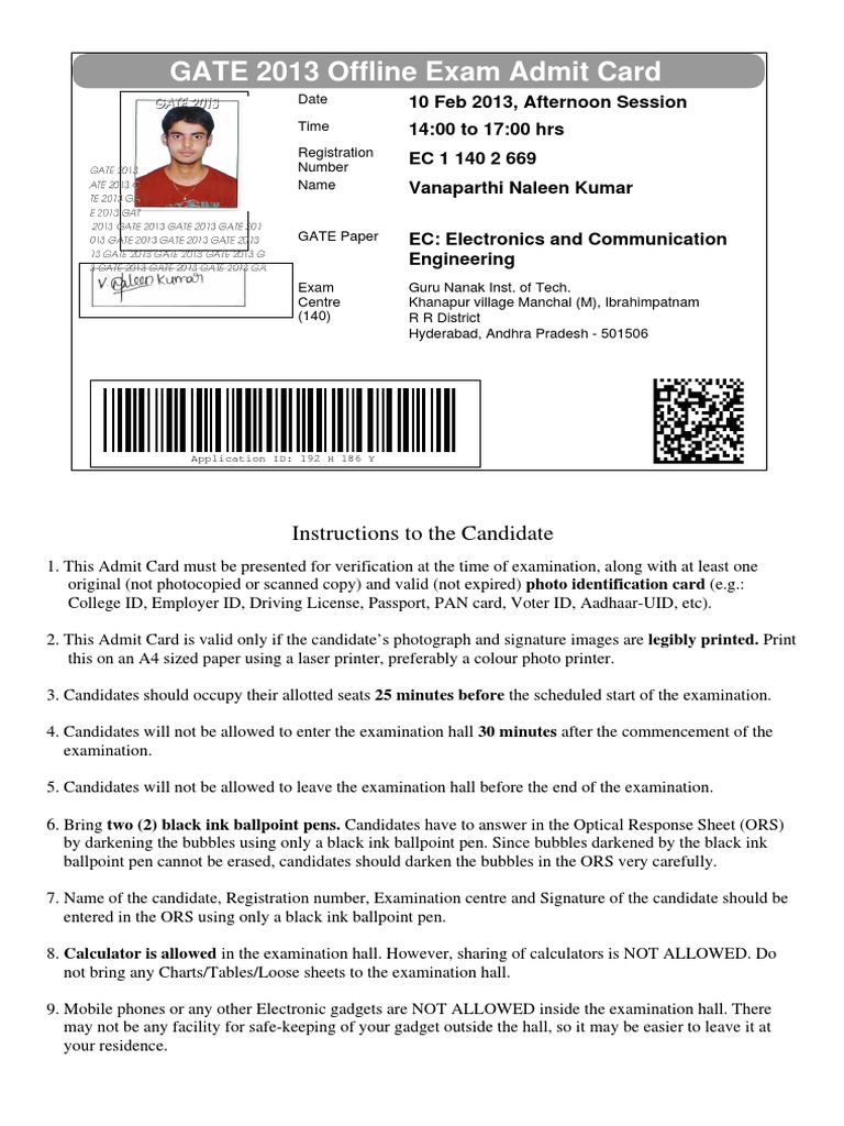 GATE 2013 Offline Exam Admit Card: Instructions To The Candidate | PDF ...