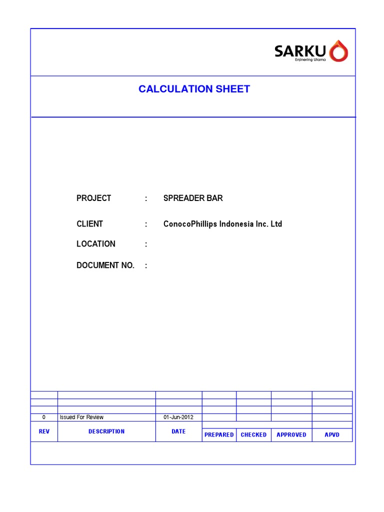 Calculation Sheet: Project: Spreader Bar Client: Conocophillips Indonesia Inc. LTD Location ...