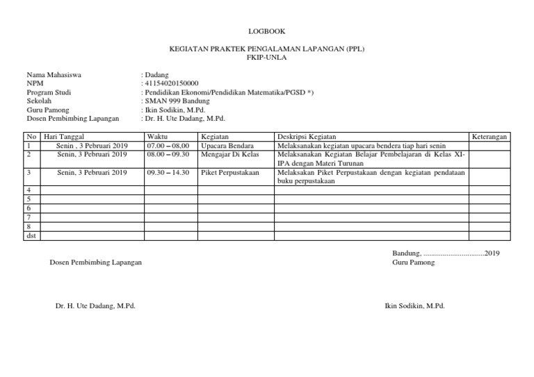 Contoh Logbook Kegiatan PPL Mahasiswa | PDF
