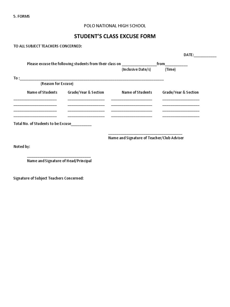 Student'S Class Excuse Form: Polo National High School | PDF