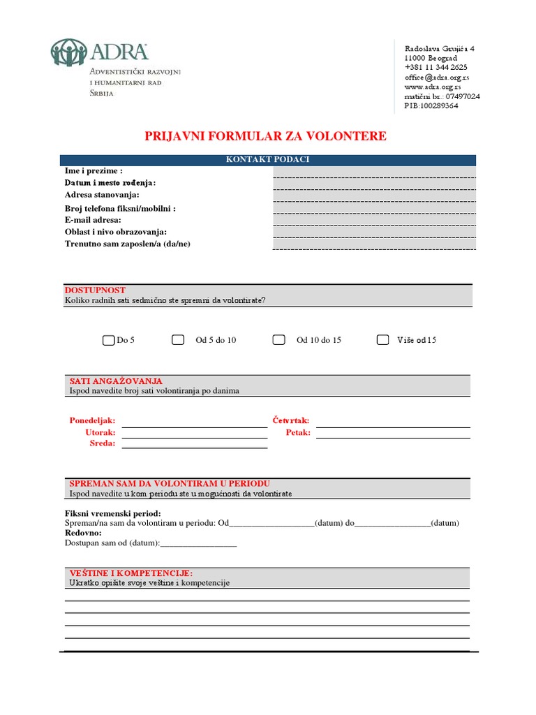 Prijavni Formular Za Volontere