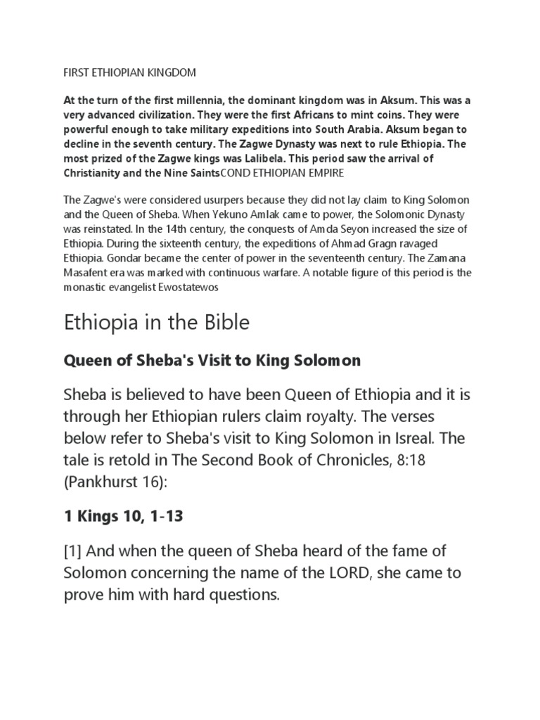 Ethiopia in The Bible: Queen of Sheba's Visit To King Solomon | PDF ...