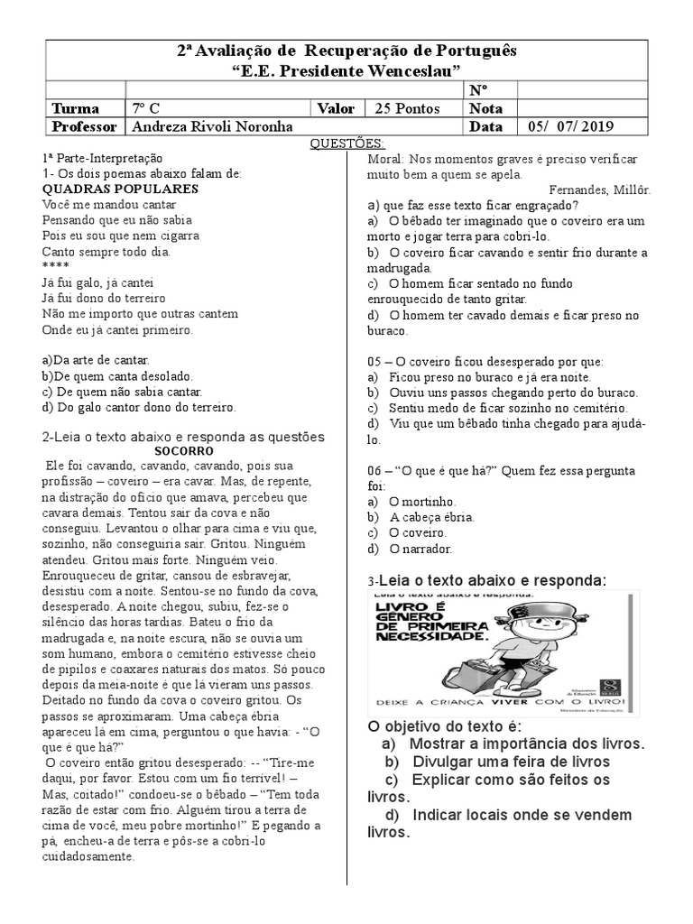 Recuperação 7 C | PDF | Assunto (gramática)