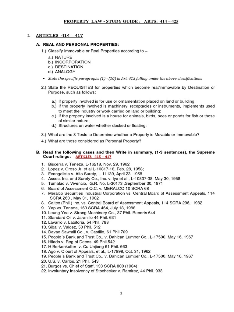 Property Law - Study Guide: Arts: 414 - 425: I. ARTICLES 414 - 417 A ...