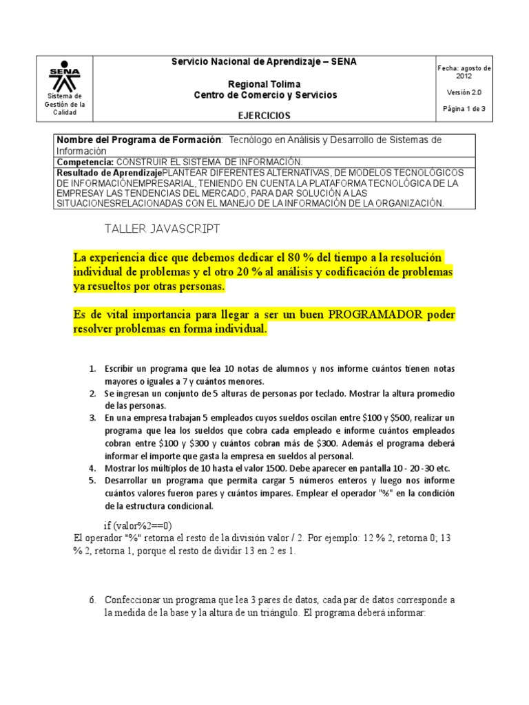 Taller de Programación en JavaScript | PDF | Triángulo | Informática y ...