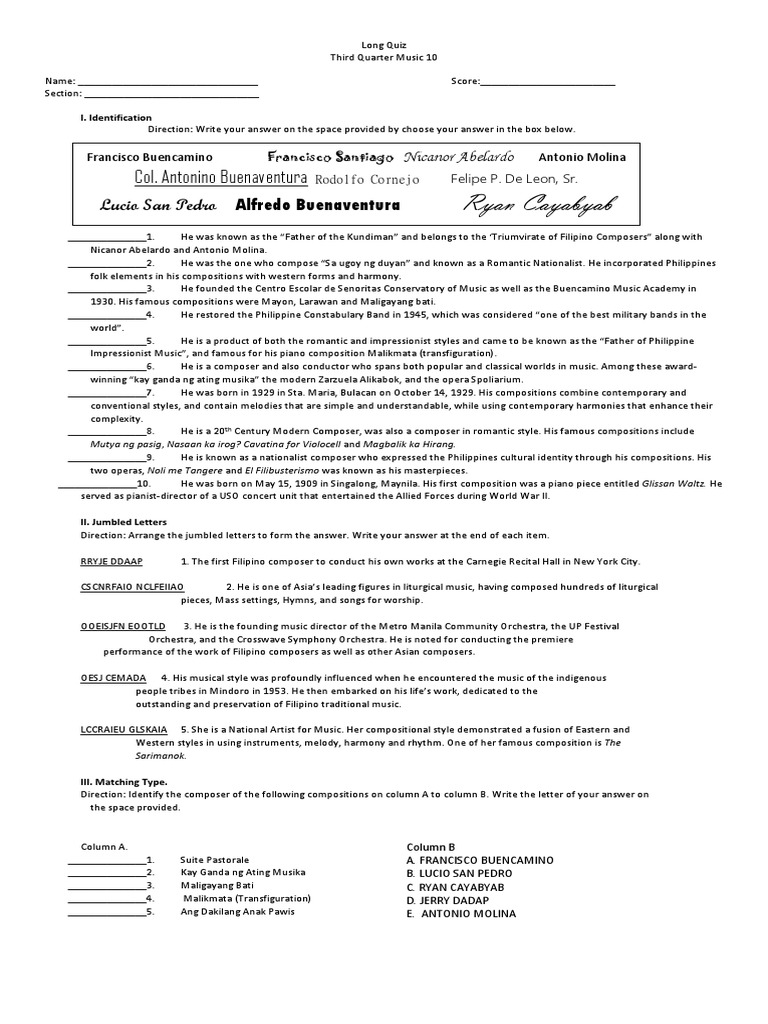 Long Quiz | PDF | Composers | Musical Compositions