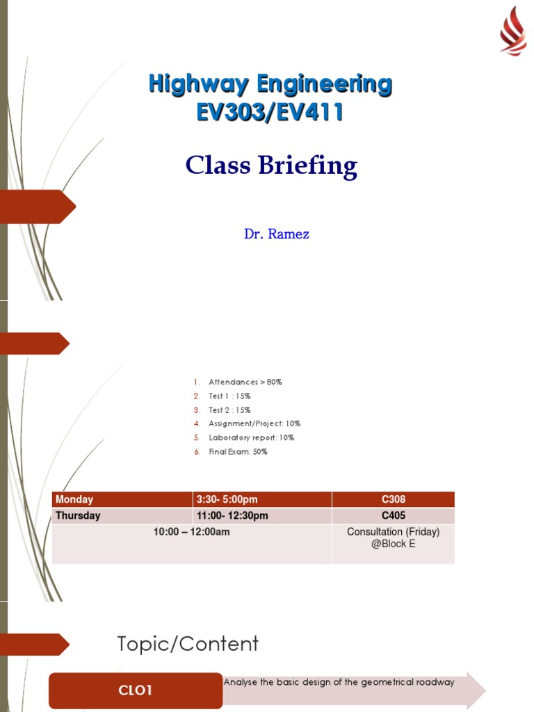 Highway Engineering EV303/EV411: Class Briefing | PDF | Engineering