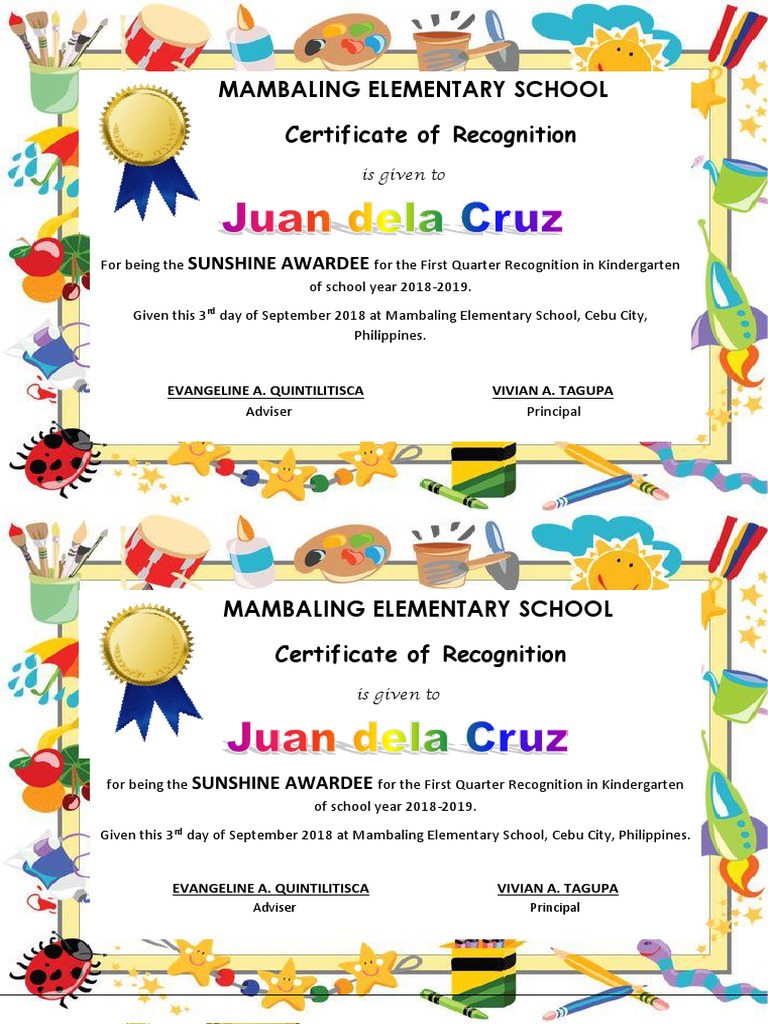 Cert. of Recognition 1st Quarter | PDF | Educational Years ...