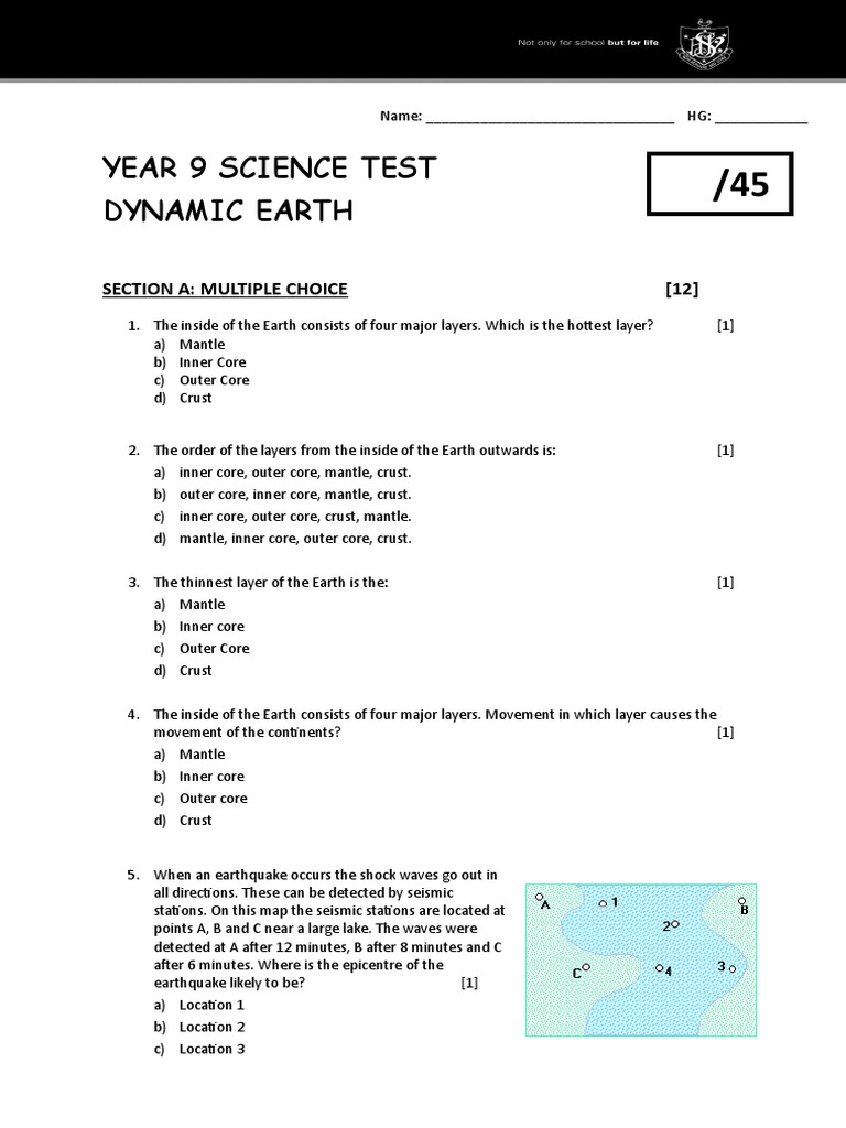 Year 9 Science Test Dynamic Earth: Section A: Multiple Choice | PDF ...