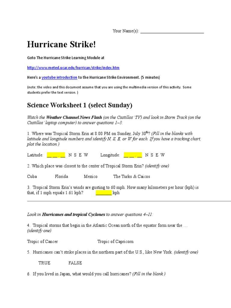 Hurr I Can Strike Lab Worksheets | PDF | Eye (Cyclone) | Tropical Cyclones
