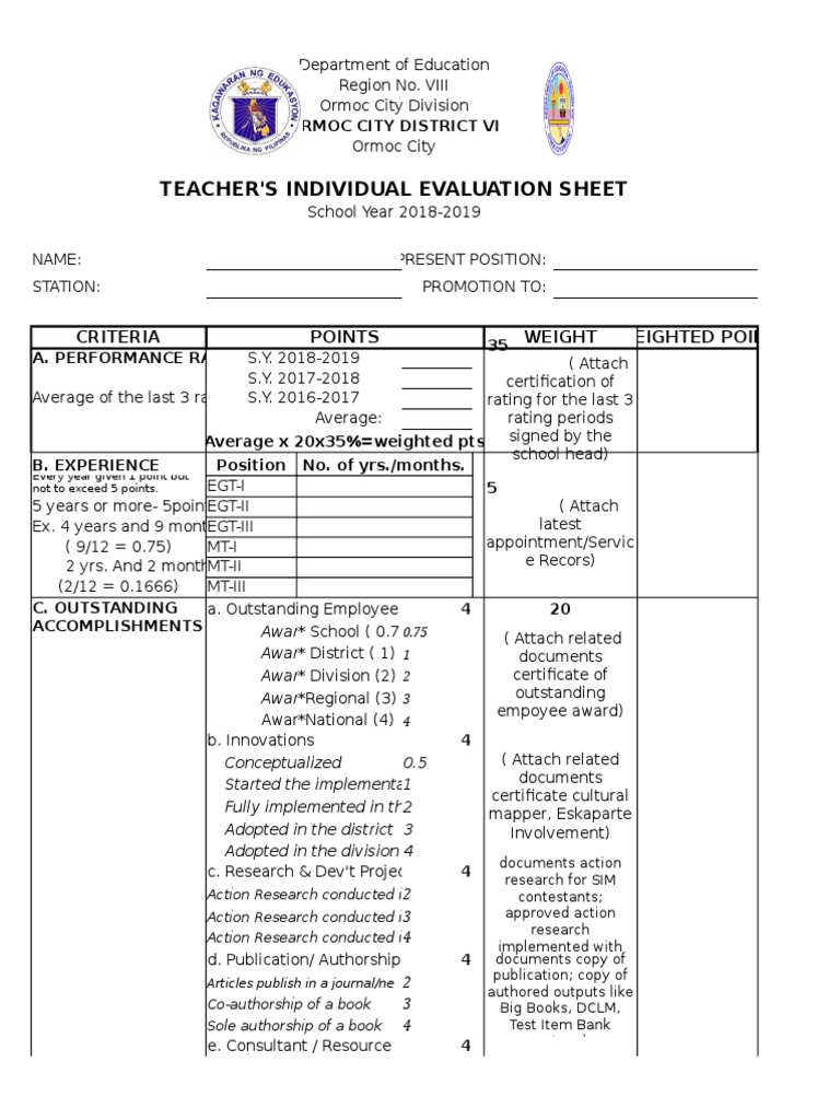 New Teachers Individual Evaluation 2018 2019 Final Version | PDF ...