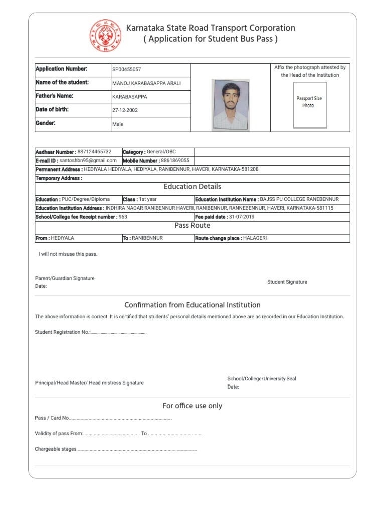 KSRTC Student Bus Pass Application Form | PDF | Government And ...