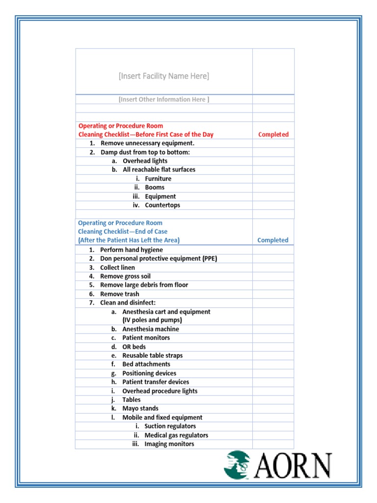 AORN Sample Cleaning Checklist Includes or and Pre and Postop | PDF ...