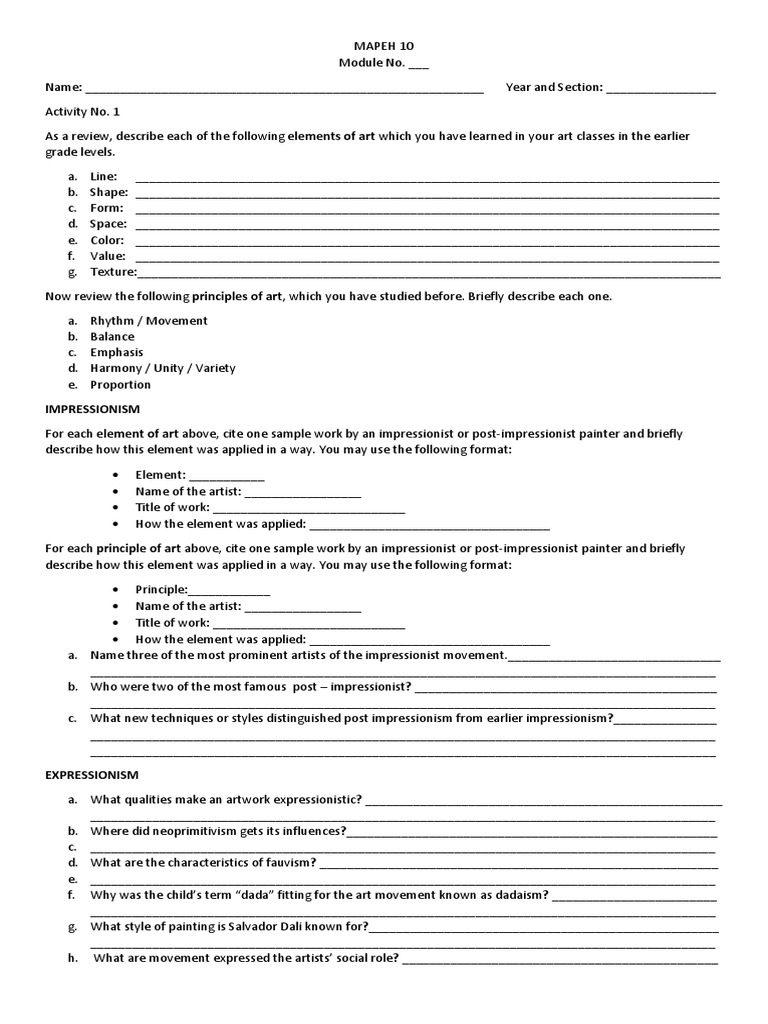 Grade 10 Arts Activity | PDF | Impressionism | Abstract Art
