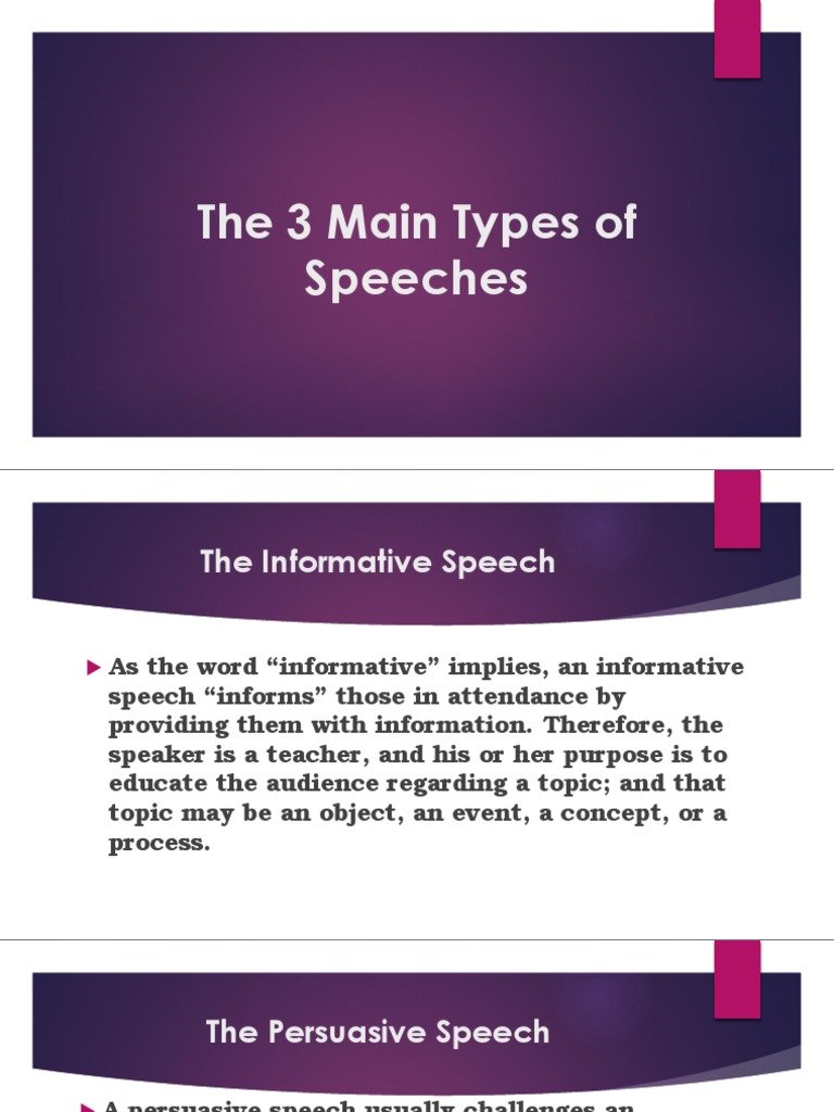 Three Main Types of Speeches | PDF | Public Speaking