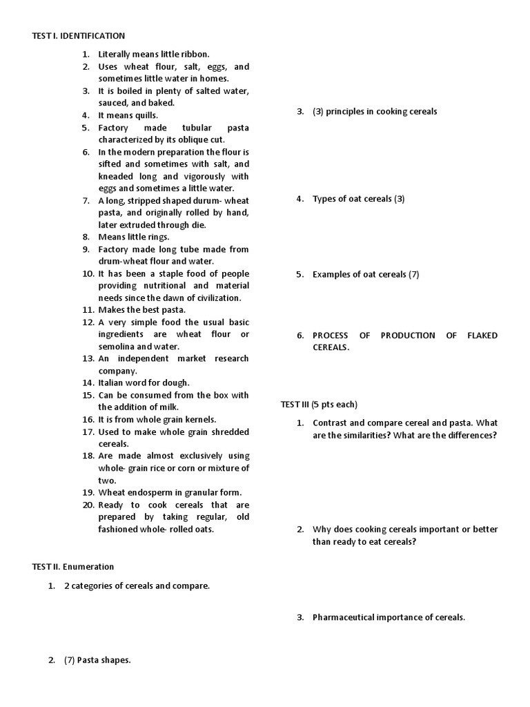 Tle Test Questions | PDF | Pasta | Cereals