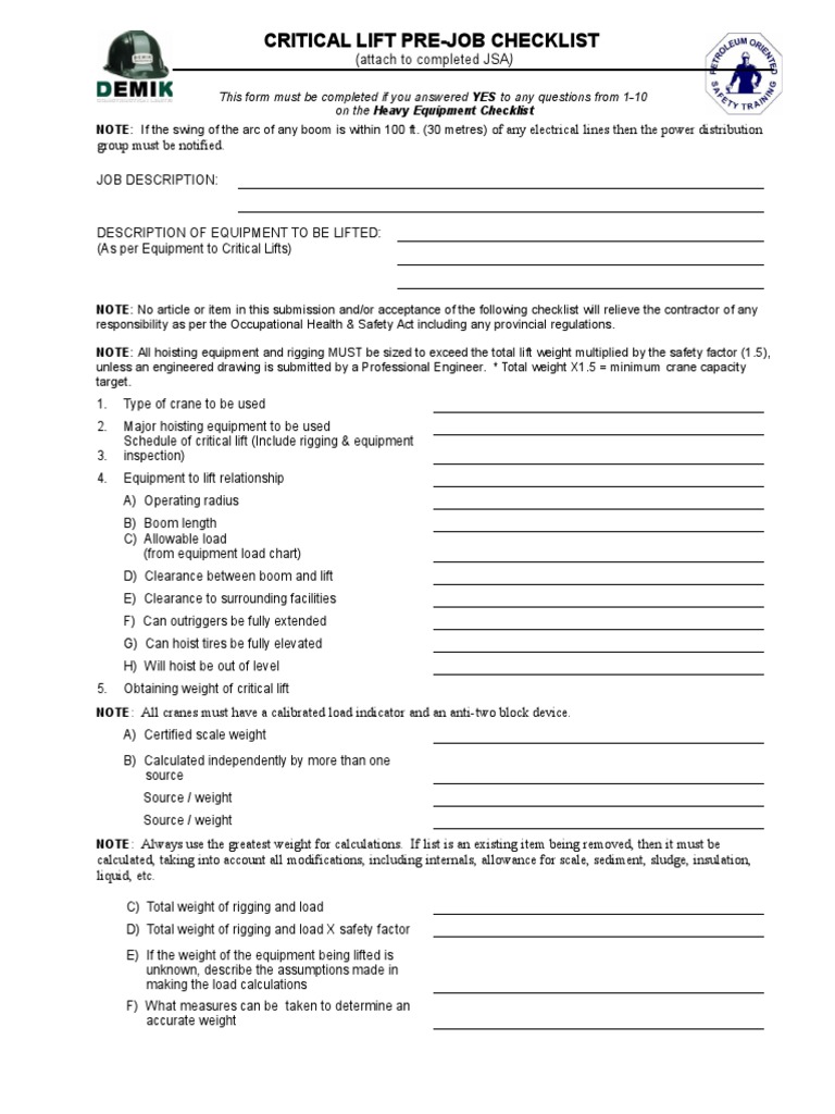 Critical Lift Checklist | Download Free PDF | Crane (Machine) | Elevator